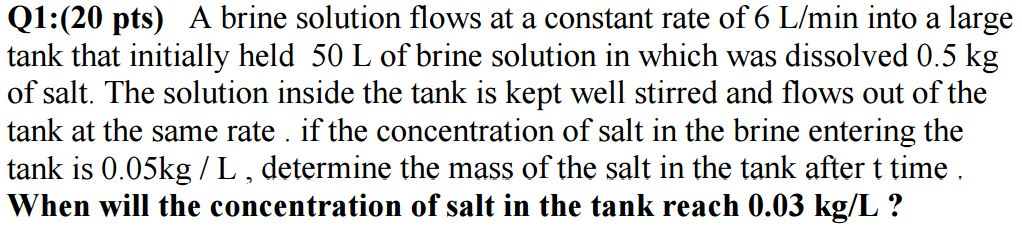 Solved A brine solution flows at a constant rate of 6 L/min | Chegg.com Solved A brine solution flows at a constant rate of 6 L/min | Chegg.com