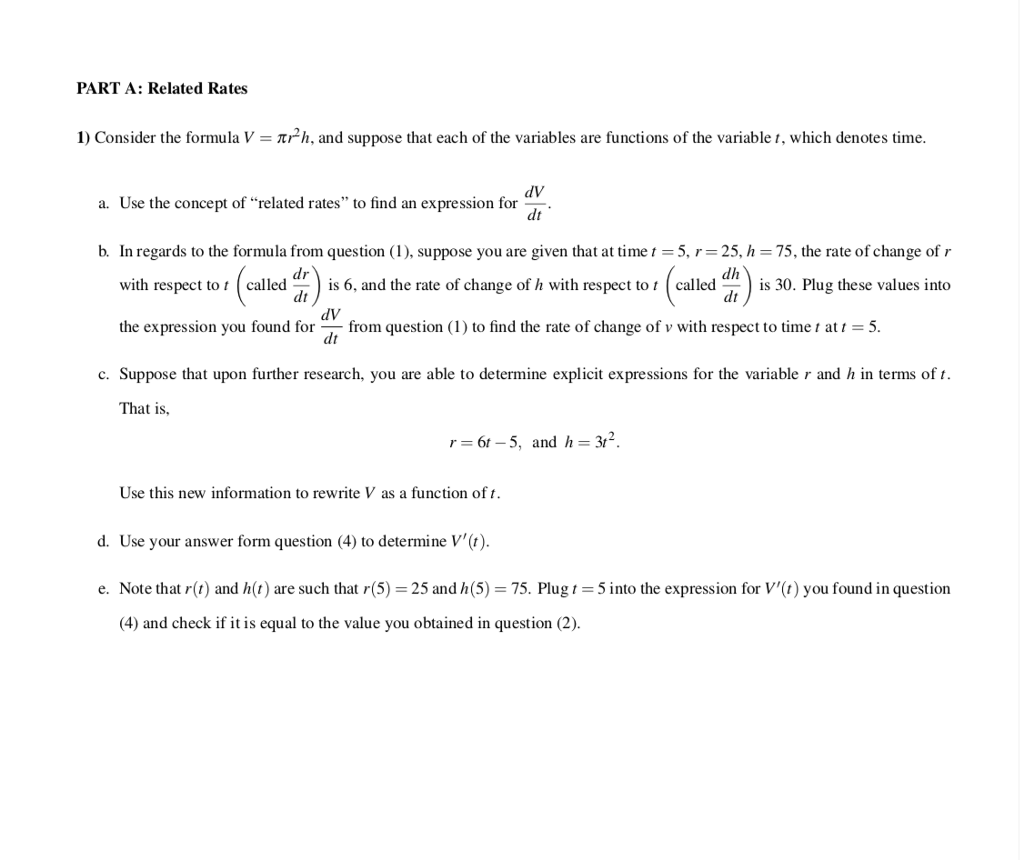 Solved PART A: Related Rates 1) Consider the formula V 21, | Chegg.com