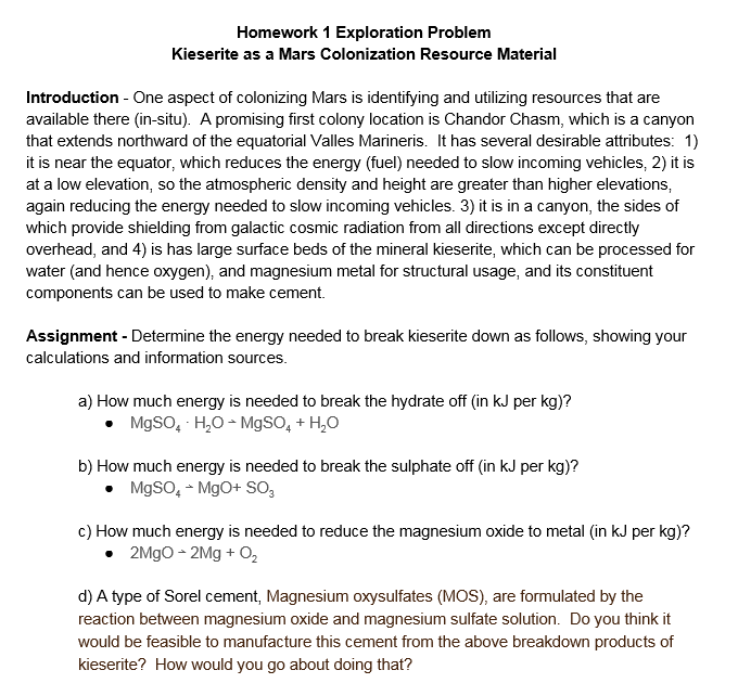 Homework 1 Exploration Problem Kieserite as a Mars | Chegg.com