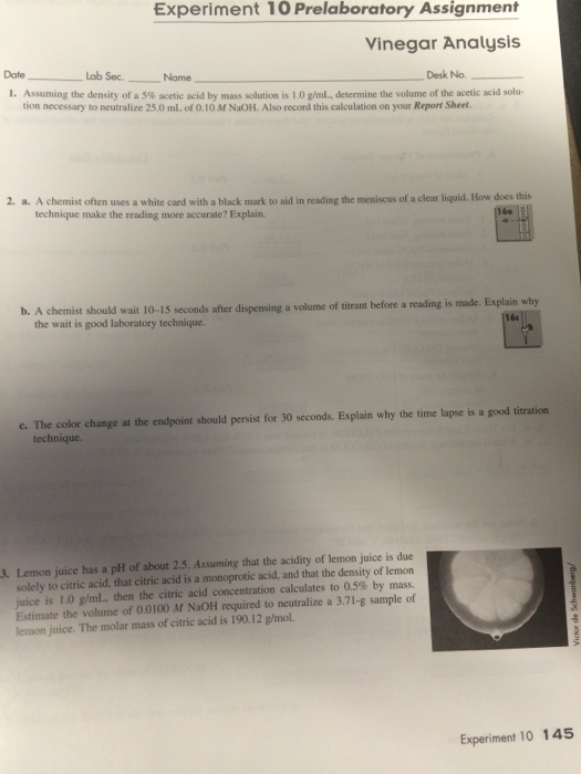 Experiment 10 Prelaboratory Assignment Vinegar | Chegg.com