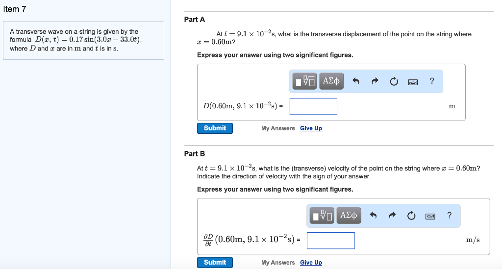 Solved A transverse wave on a string is given by the formula | Chegg.com