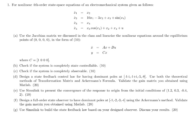 Solved For nonlinear 4th-order state-space equations of an | Chegg.com