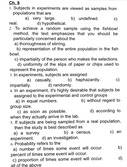 Solved Subjects in experiments are viewed as samples from | Chegg.com