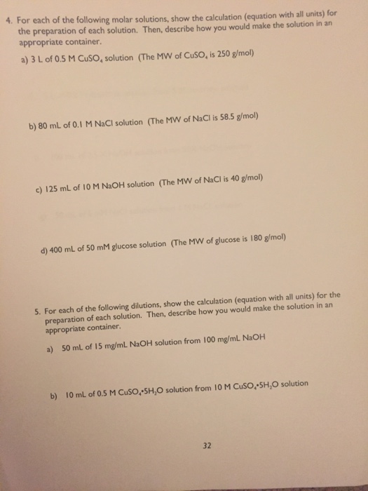 Solved For each of the following molar solutions, show the | Chegg.com