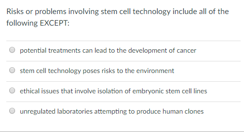Solved Risks or problems involving stem cell technology | Chegg.com