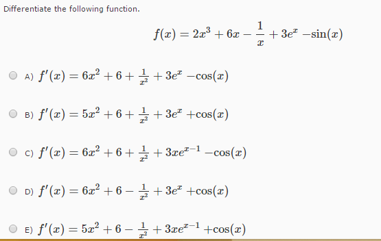 Solved Differentiate the following function. f(x) = 2x^3 + | Chegg.com