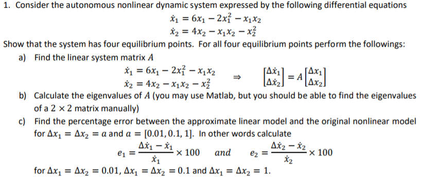 Solved 1. Consider the autonomous nonlinear dynamic system | Chegg.com
