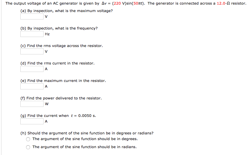 Solved The output voltage of an AC generator is given by Av | Chegg.com