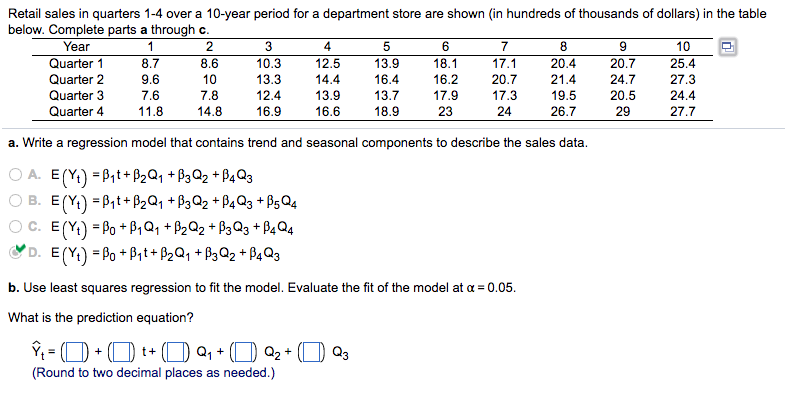 Solved Retail sales in quarters 1-4 over a 10-year period | Chegg.com