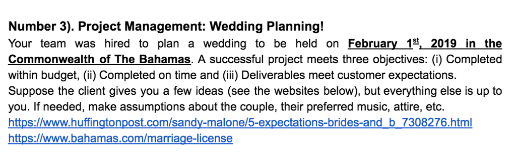 Number 3). Project Management: Wedding Planning! Your | Chegg.com