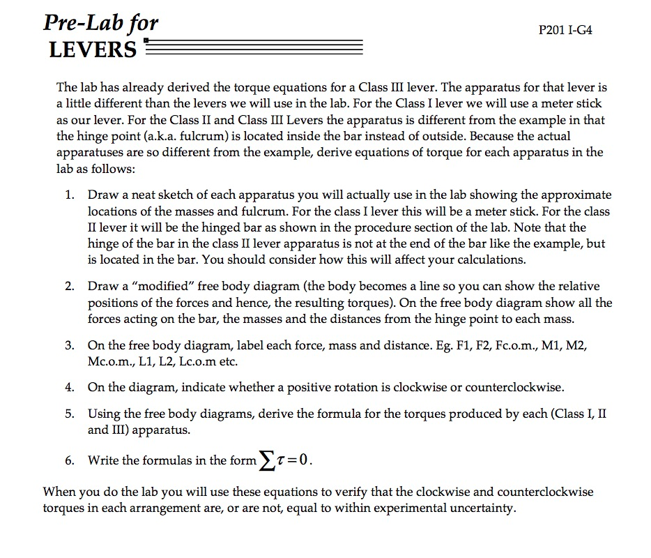 Solved Pre-Lab for LEVERS P201 I-G4 The lab has already | Chegg.com