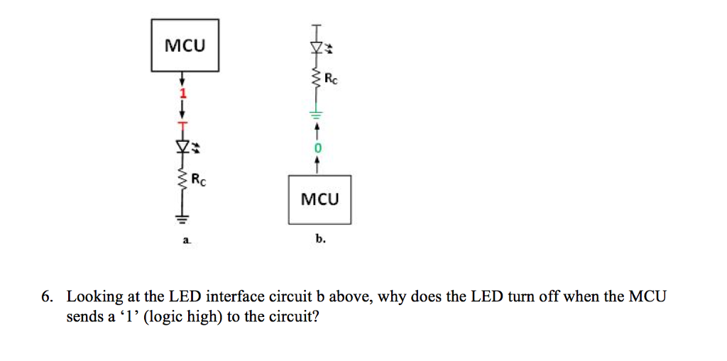 Solved MCU Rc 1 0 Rc MCU a. b. 6. Looking at the LED | Chegg.com