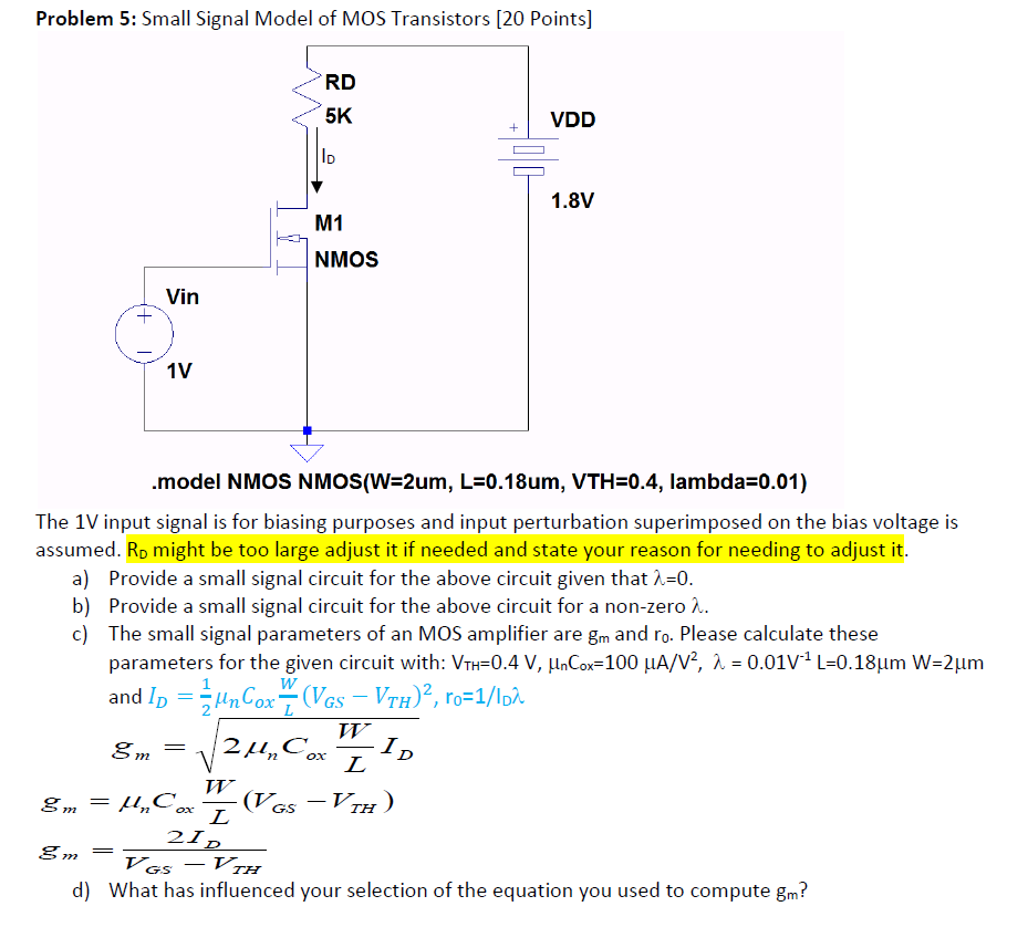 Solved Problem 5: Small Signal Model of MOS Transistors [20 | Chegg.com