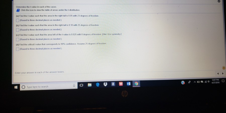 Solved Determine the t-value in each of the cases Click the | Chegg.com