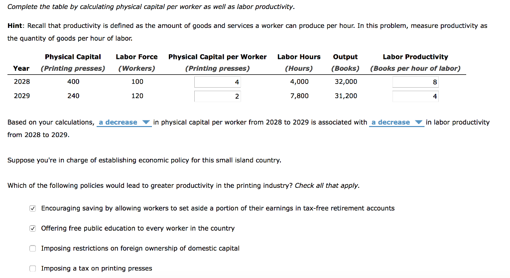 Solved Complete the table by calculating physical capital | Chegg.com