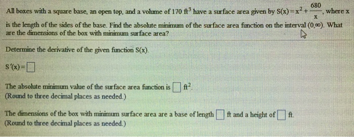 Solved Dimensions of a box with minimum surface area-->> | Chegg.com