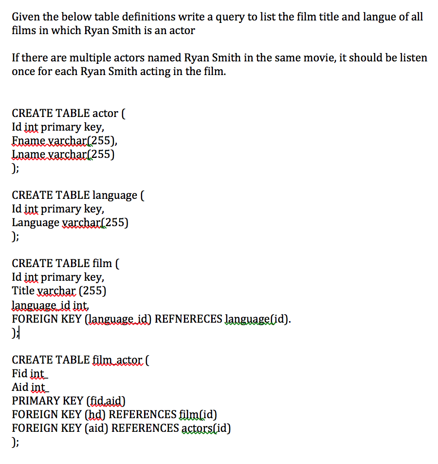 Solved Given the below table definitions write a query to | Chegg.com