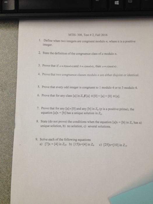 Solved Define when two integers are congruent modulo n, | Chegg.com