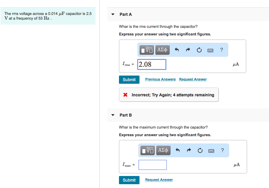 Solved The Rms Voltage Across A 0 014 μf Capacitor Is 2 5 V