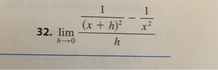 Solved Lim_h rightarrow 0 1/(x + h)^2 - 1/x^2/h | Chegg.com