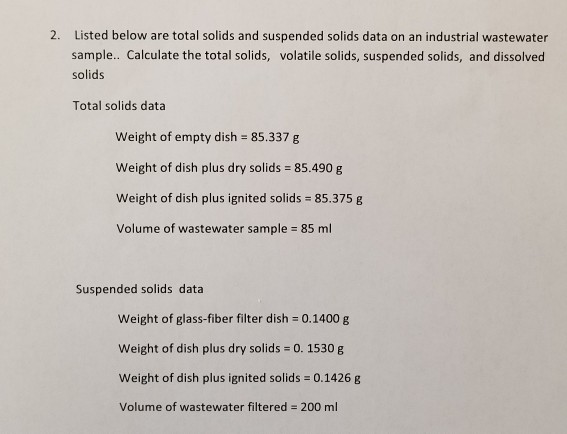 Solved Listed below are total solids and suspended solids | Chegg.com
