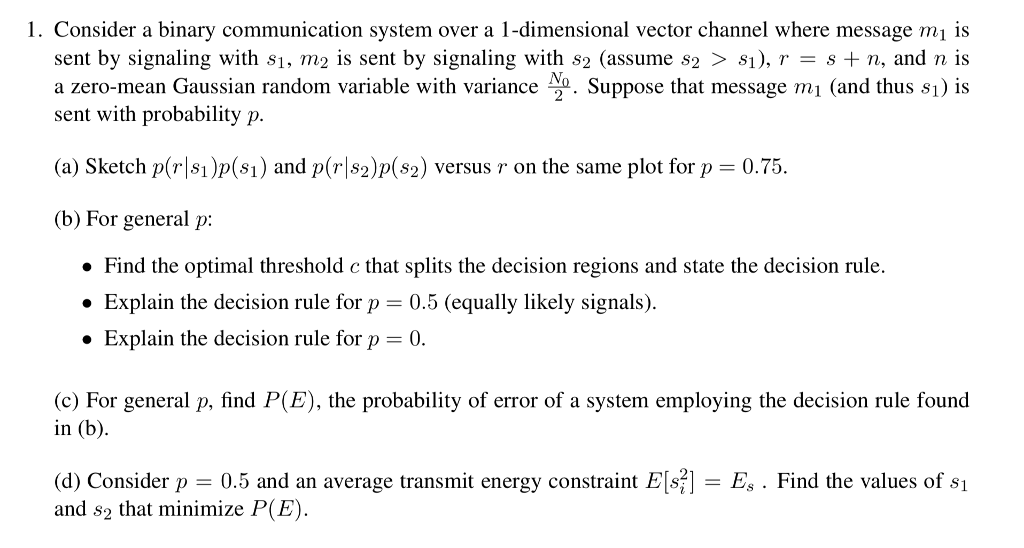 Solved 1 Consider A Binary Communication System Over A 4308