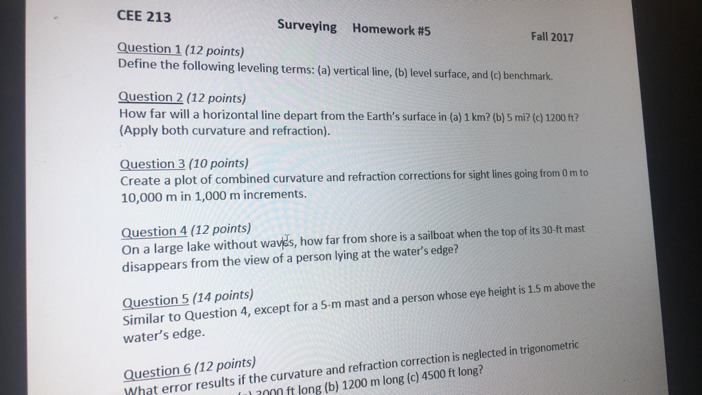 Solved CEE 213 Surveying Homework #5 Fall 2017 Question 1 | Chegg.com