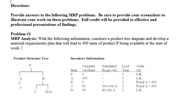Solved Directions: ide answers to the following MRP | Chegg.com