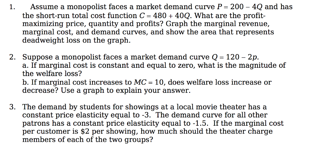 Solved 1. Assume a monopolist faces a market demand curve P | Chegg.com