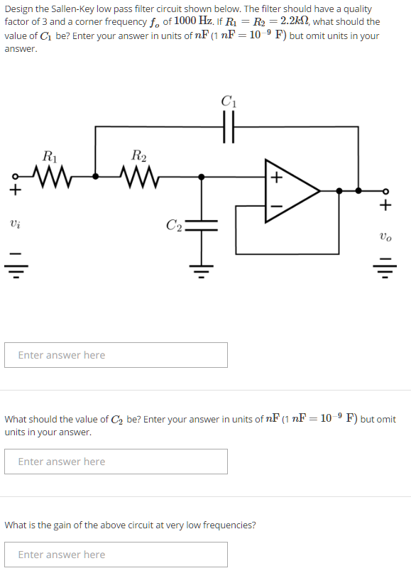Solved Design the Sallen-Key low pass filter circuit shown | Chegg.com