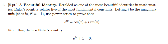 Solved 1. [8 pt.] A Beautiful Identity. Heralded as one of | Chegg.com