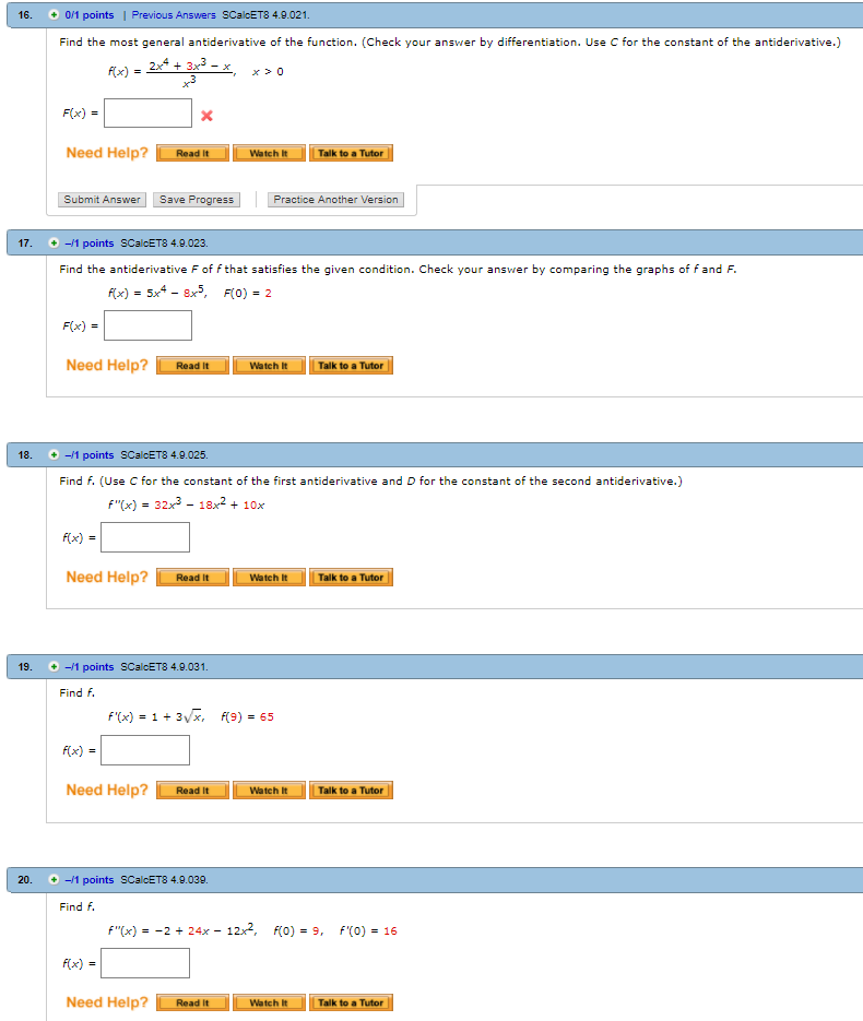 Solved 16. 0/1 points | Previous Answers SCalcET8 4.9.021. | Chegg.com