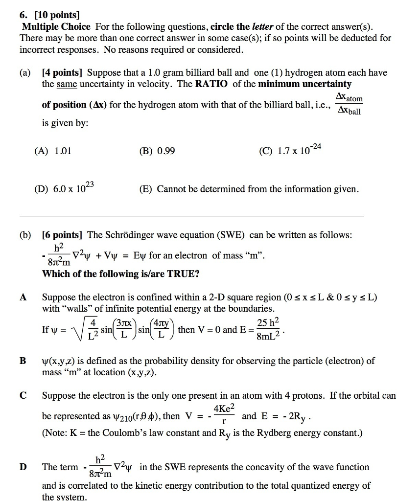 Solved 6. [10 points] Multiple Choice For the following | Chegg.com