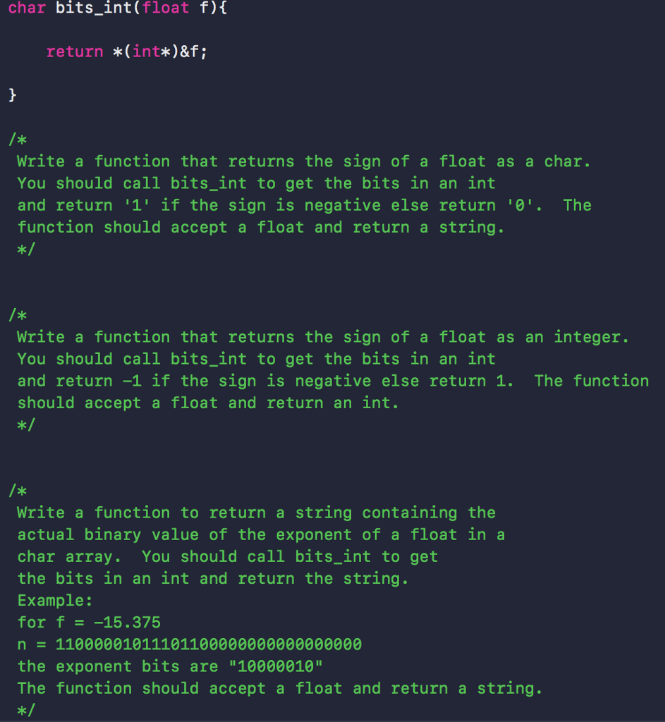 char bits_int(float f) return *(int*)& 1% Write a | Chegg.com