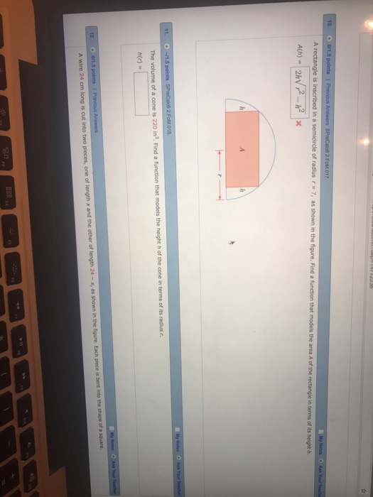 Solved A rectangle is inscribed in a semicircle of radius r | Chegg.com
