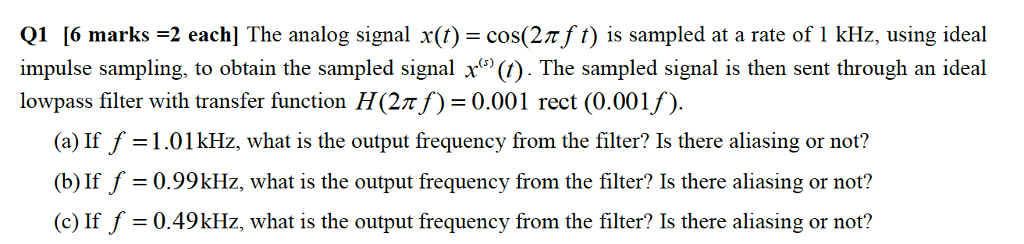 Solved The analog signal x(t) = cos(2pi f t) is sampled at a | Chegg.com