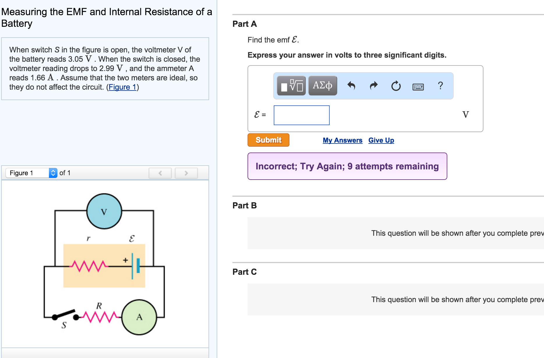 Solved When switch S in the figure is open, the voltmeter V | Chegg.com