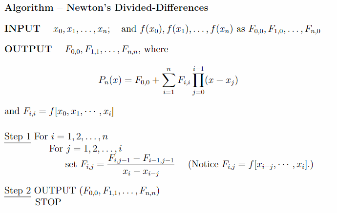 Solved Algorithm - Newton's Divided-Differences ro, z1,... , | Chegg.com