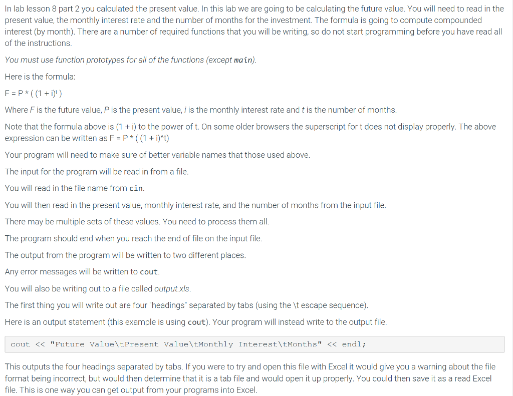 Solved In lab lesson 8 part 2 you calculated the present | Chegg.com