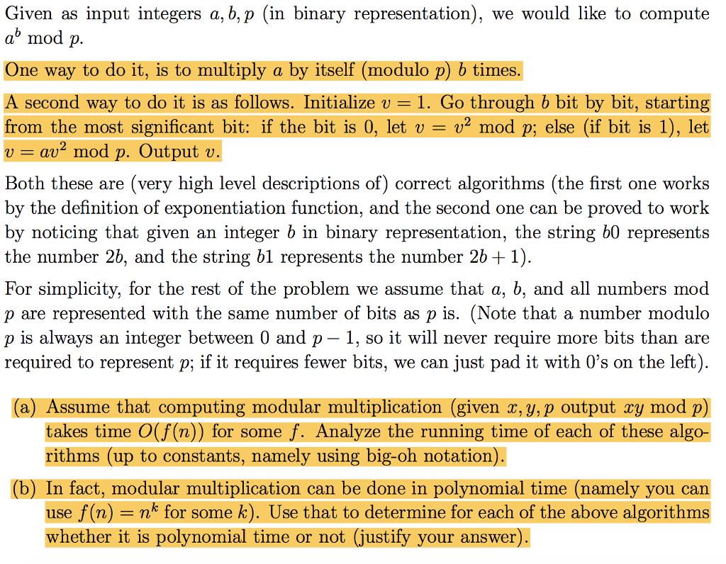 Given as input integers a, b, p (in binary | Chegg.com