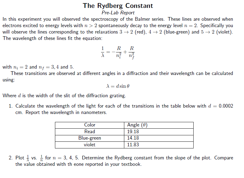 Solved The Rydberg Constant In this experiment you will | Chegg.com