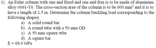 Solved An Euler column with one end fixed and one end free | Chegg.com