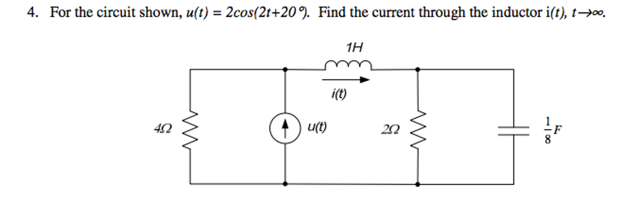 Solved For the circuit shown, u(t) = 2cos(2t + 20 degree). | Chegg.com