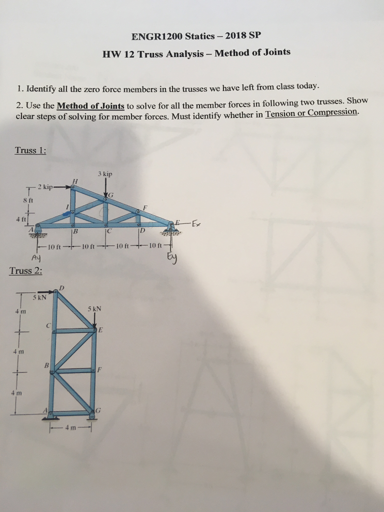 Solved ENGR1200 Statics - 2018 SP HW 12 Truss Analysis - | Chegg.com