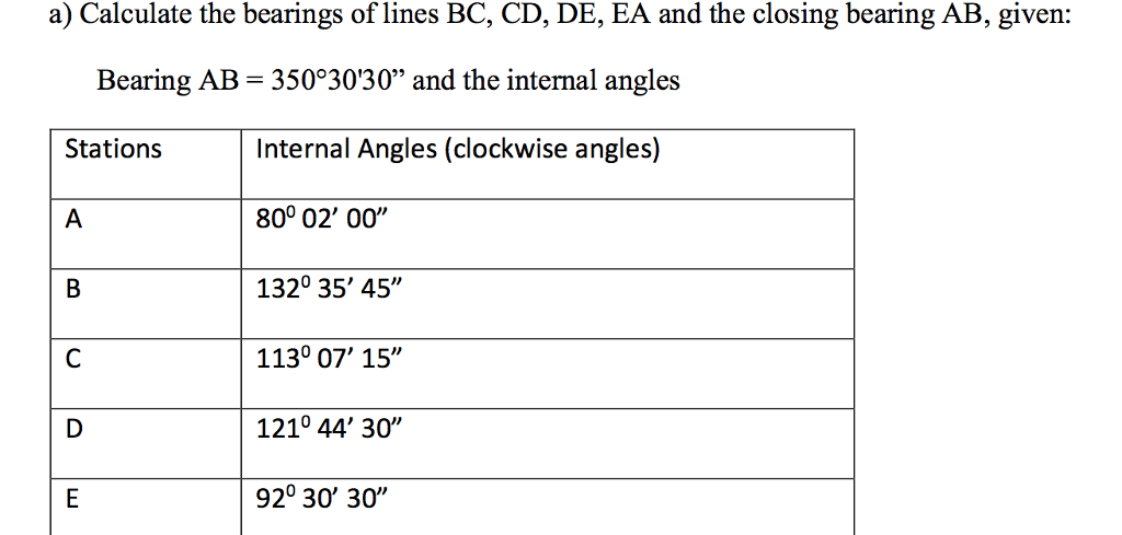 Solved a) Calculate the bearings of lines BC, CD, DE, EA and | Chegg.com