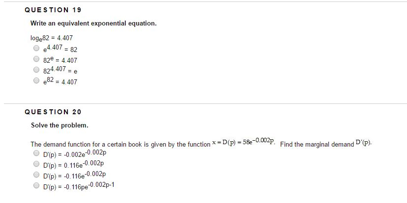 Solved Write an equivalent exponential equation. Log_e82 = | Chegg.com