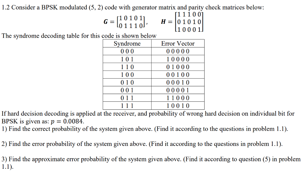 1.2 Consider a BPSK modulated (5, 2) code with | Chegg.com