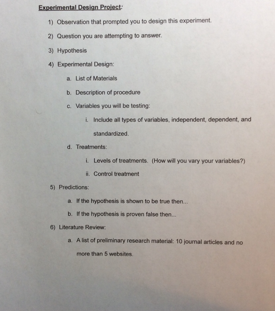Solved Experimental Design Project: 1) Observation that | Chegg.com