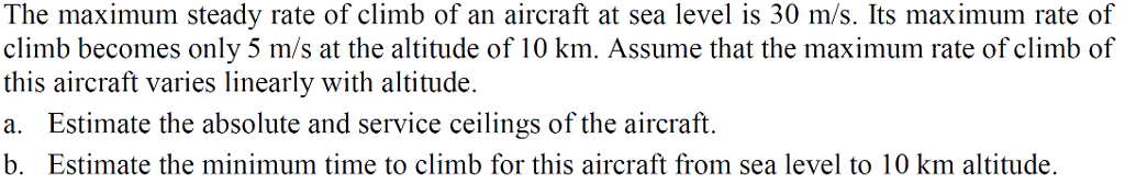 Solved The maximum steady rate of climb of an aircraft at | Chegg.com