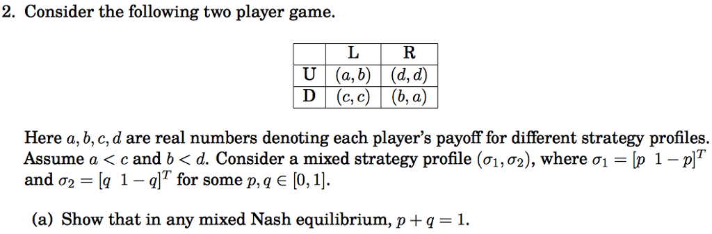 Solved Consider the following two player game. Here a, b, | Chegg.com
